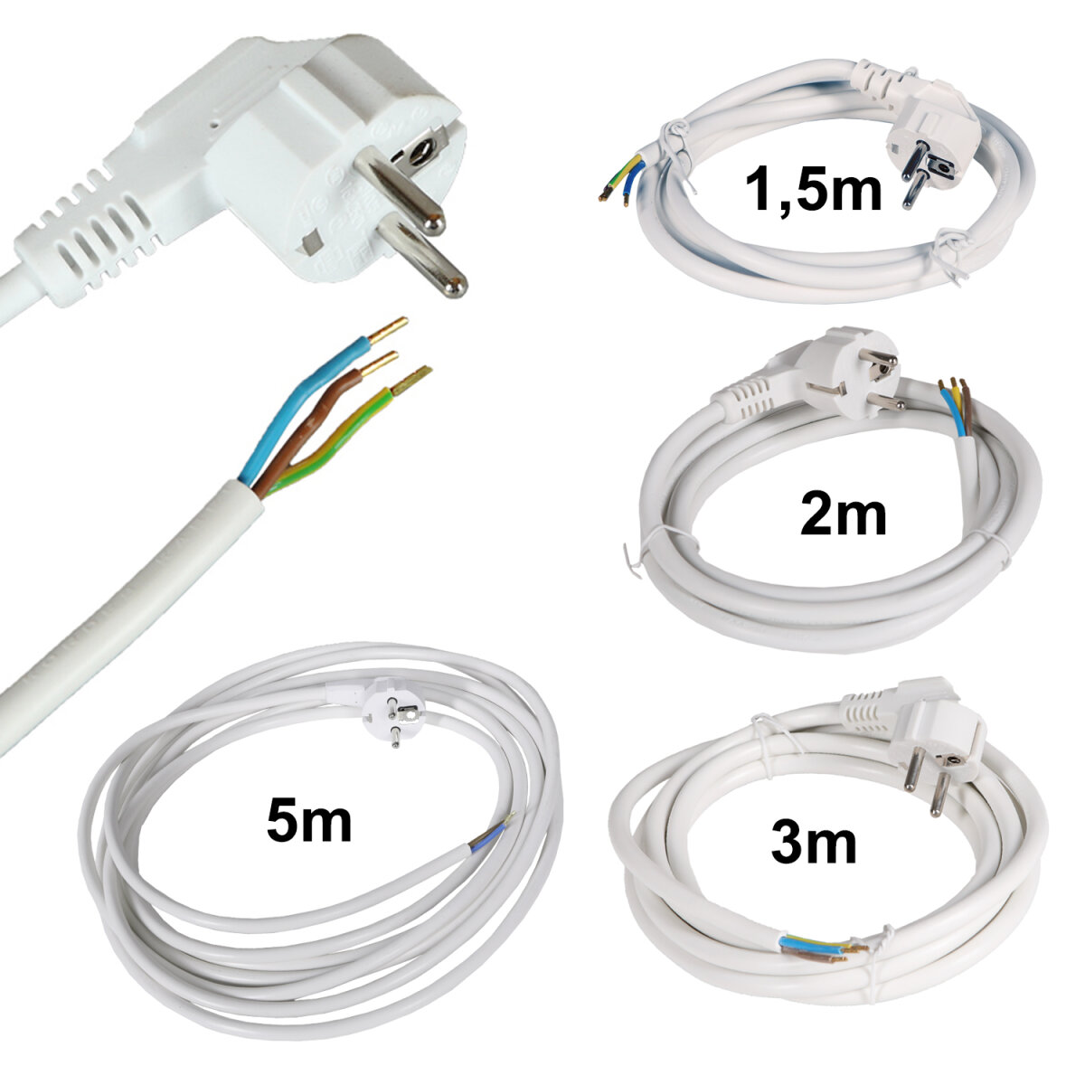 Anschlussleitung weiß mit Schukostecker 3x1,5² Länge 1,5/2/3/5m Kabel ...